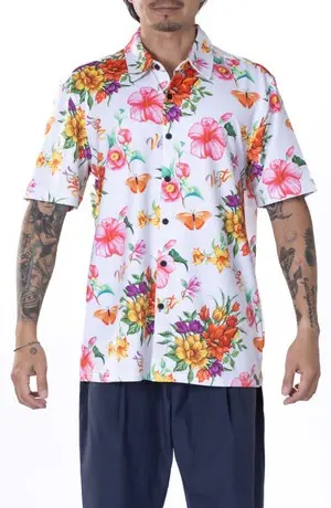 VAST Floral Watercolor Short Sleeve Performance Button-up Shirt - Red Multi