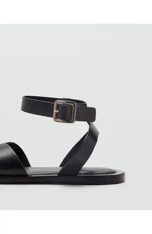 Mango Ankle Strap Leather Sandal - Black