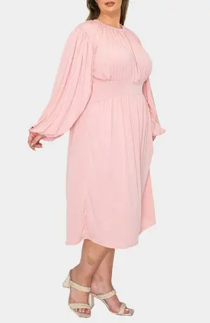 L I V D Audrey Gathered Long Sleeve Midi Dress - Blush