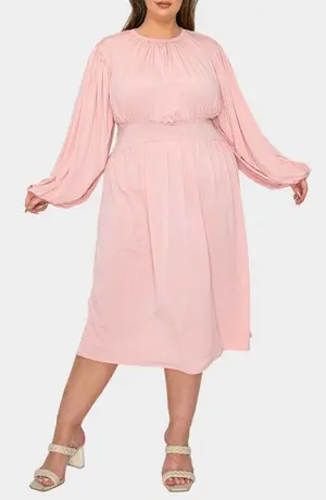 L I V D Audrey Gathered Long Sleeve Midi Dress - Blush