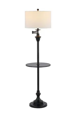JONATHAN Y Cora Modern Metal Led Floor Lamp With Integrated Wood Side Table And Swing Arm Black