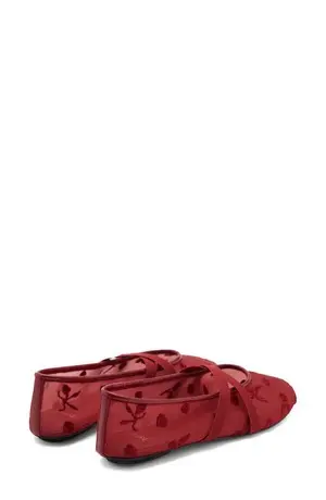 Mango Floral Embroidered Ballerina Flat With Cross Strap - Red