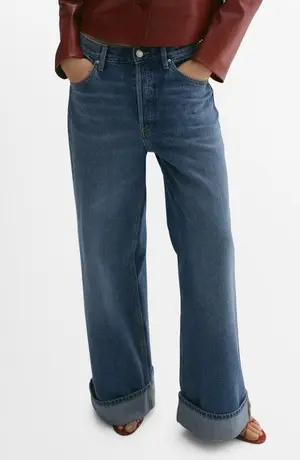 Mango Cuffed Wide Leg Jeans - Medium Blue