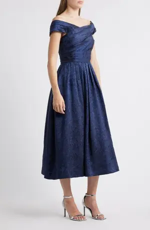 TAHARI ASL Crushed Taffeta Off-the-shoulder Cocktail Dress