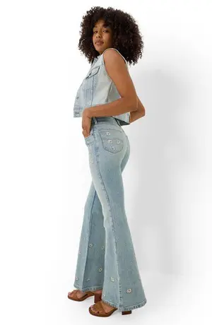 LEEM Embroidered Wide Flare Leg Jeans
