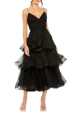 Mac Duggal V-neck Tiered Ruffle Midi Dress