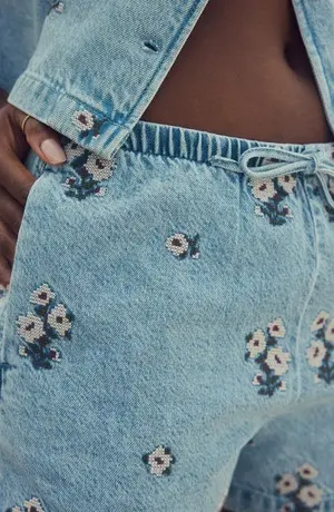 NEXT Embroidered Tie Waist Denim Shorts - Blue