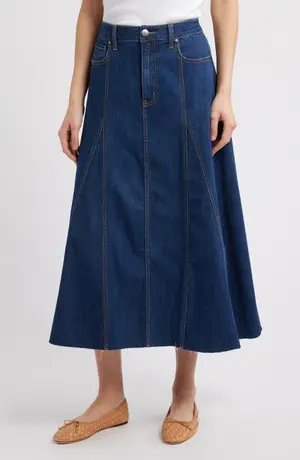 1822 Denim Raw Hem Denim A-line Midi Skirt