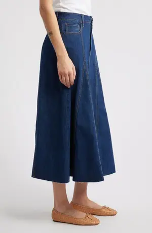 1822 Denim Raw Hem Denim A-line Midi Skirt