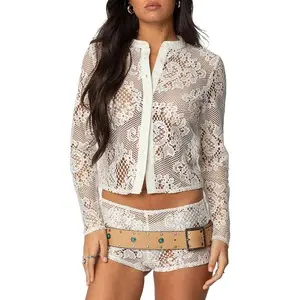 EDIKTED Peyson Sheer Lace Button-up Shirt