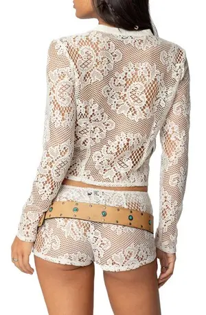 EDIKTED Peyson Sheer Lace Button-up Shirt