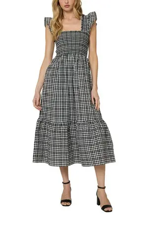 THE STANDARD STITCH Flounce Smocked Midi Dress - Black Checkerd