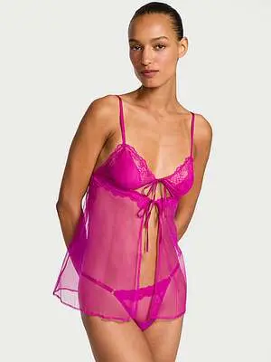 Victoria's Secret Sheer Rose Lace Babydoll Set - Purple