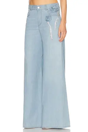 AREA Crystal Rosette Wide Leg Jeans - Super Light Blue