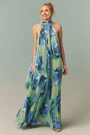 Bhldn Rosie Mock-neck Pleated Chiffon Maxi Dress - Green Floral