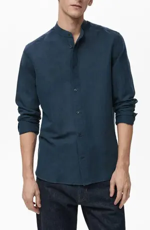 Mango Band Collar Linen Blend Button-up Shirt - Dark Navy