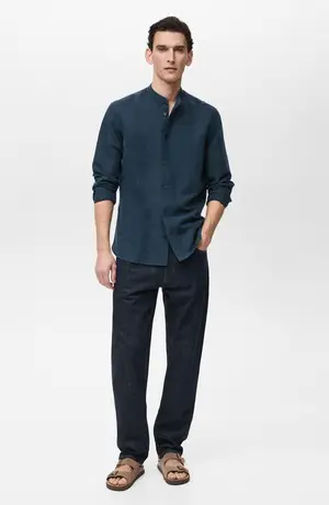 Mango Band Collar Linen Blend Button-up Shirt - Dark Navy
