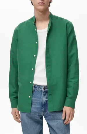Mango Band Collar Linen Blend Button-up Shirt Green
