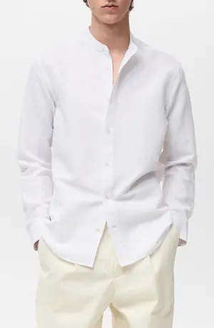 Mango Band Collar Linen Blend Button-up Shirt White