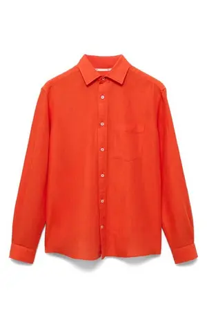 Mango Classic Fit Linen & Cotton Button-up Shirt - Orange