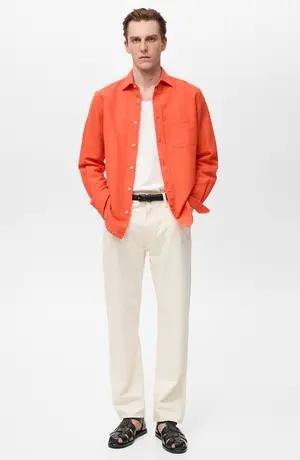 Mango Classic Fit Linen & Cotton Button-up Shirt - Orange