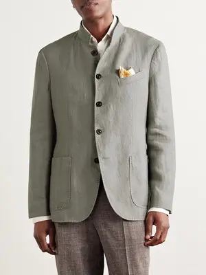 Boglioli Slim-fit Nehru-collar Herringbone Linen Jacket - Gray