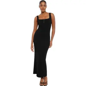 POPILUSH Shapewear Modal Slimming Lace Trim Henley Tank Maxi Dress - Midnight Black