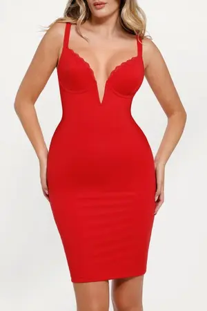 POPILUSH Shapewear Plunging V Lace Trim Bodycon Mini Dress - Bright Red