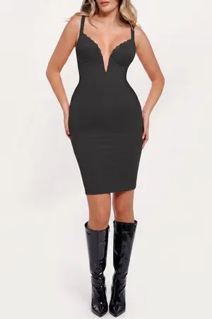 POPILUSH Popilush Shapewear Plunging V Lace Trim Bodycon Mini Dress Jet