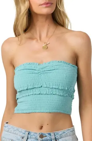 O'Neill Dedra Smocked Ruffle Strapless Crop Top - Nile Blue
