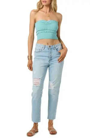 O'Neill Dedra Smocked Ruffle Strapless Crop Top - Nile Blue
