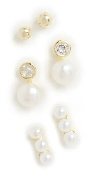 BY ADINA EDEN Cubic Zirconia And Pearl Stud Earrings Set - Gold