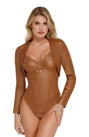 POPILUSH Long Sleeve Faux Leather Bolero Jacket - Dark Brown