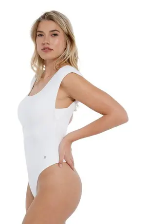 POPILUSH Square Neck Padded Shoulder Thong Bodysuit - Pearl White