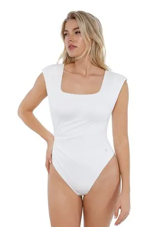 POPILUSH Square Neck Padded Shoulder Thong Bodysuit - Pearl White