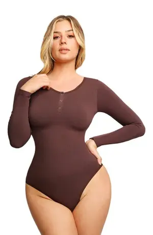 POPILUSH Shapewear Seamless Modal Henley Bodysuit - Cocoa