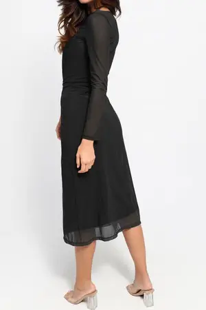 POPILUSH Shapewear Slimming Midi Dress With Sheer Mesh Overlay - Solid Black