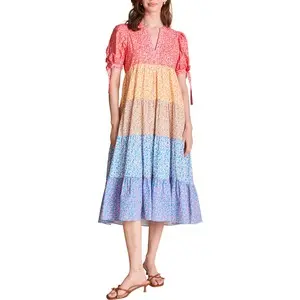 English Factory Floral Colorblock Tiered Cotton Midi Dress - Multi