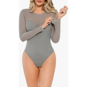 POPILUSH Sheer Mesh Long Sleeve Bodysuit - Silver