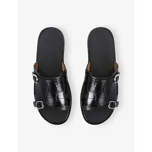 Santoni Double-buckle Croc-effect Leather Monk Sandals - Black
