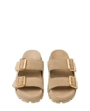 Prada Suede Slides With Polished Buckle - Neutral