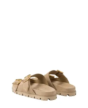 Prada Suede Slides With Polished Buckle - Neutral
