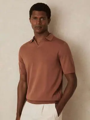 REISS Duchie Merino Wool Open Collar Polo Shirt Cinnamon Brown