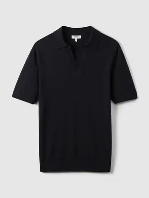 REISS Duchie Merino Wool Open Collar Polo Shirt - Navy