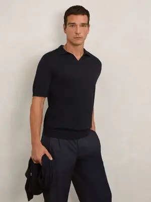 REISS Duchie Merino Wool Open Collar Polo Shirt - Navy