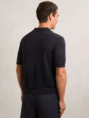 REISS Duchie Merino Wool Open Collar Polo Shirt - Navy