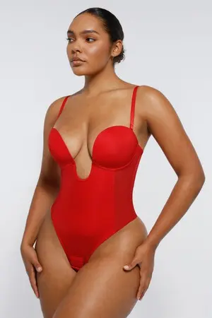 SHAPELLX Airslim Deep Plunge Low-back Thong Bodysuit - Crimson Red
