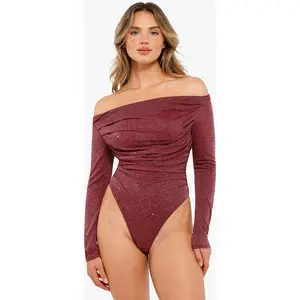 POPILUSH Shapewear Metallic Knit Long Sleeve Bodysuit - Ruby