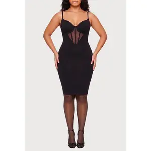 POPILUSH Shapewear Mesh Corset Paneled Midi Dress - Black