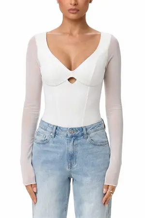 POPILUSH Popilush Shapewear Mesh Sleeve Sweetheart Bodysuit Chalk
